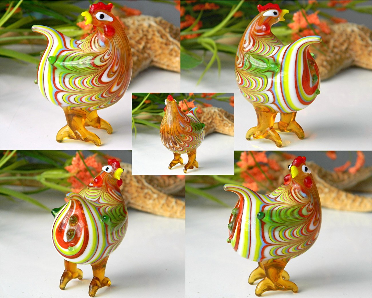 Art Glass Hand Blown Standing Chickens Hens Multicolor 3 Set - Chickens