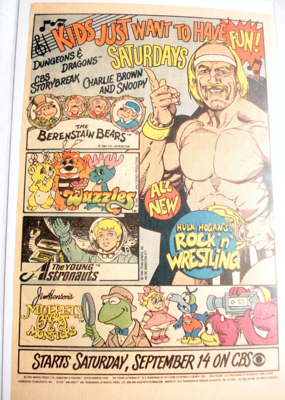 1985 CBS Saturday Morning Cartoons Ad Hulk Hogan, Muppets, Berenstain ...