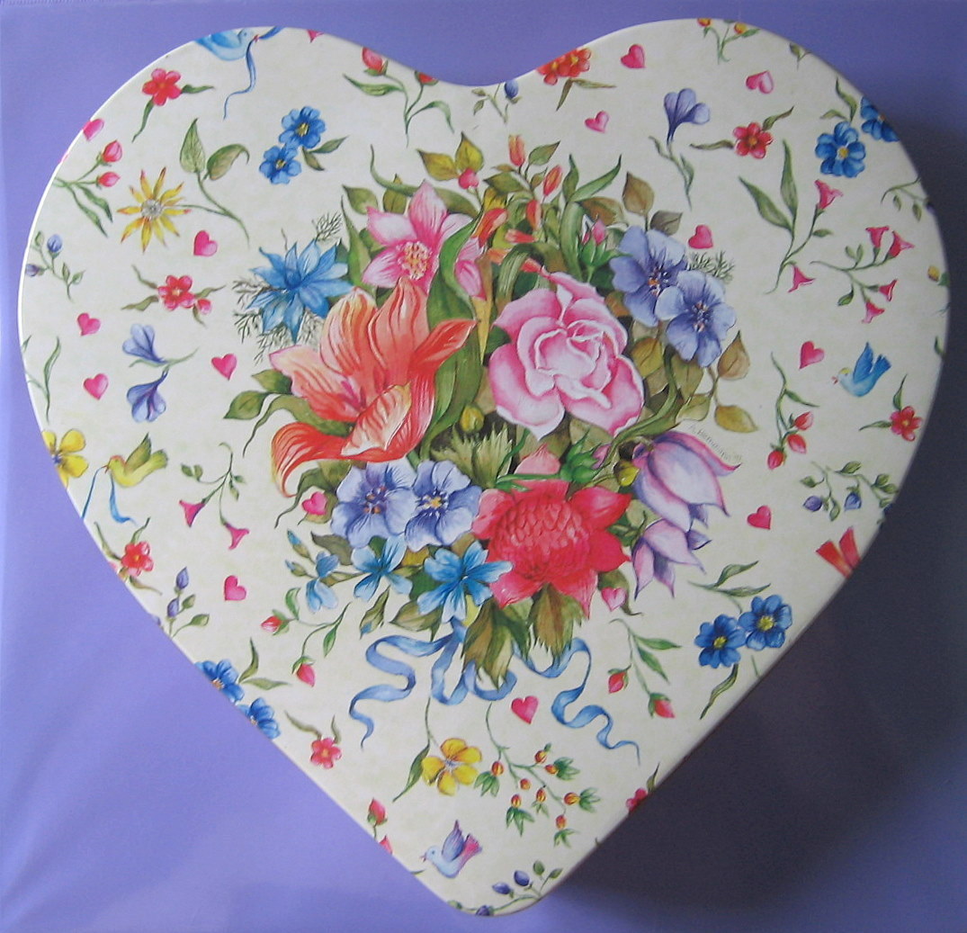 Victorian Style Floral Heart Storage Tin Lace Motif on Sides - Other