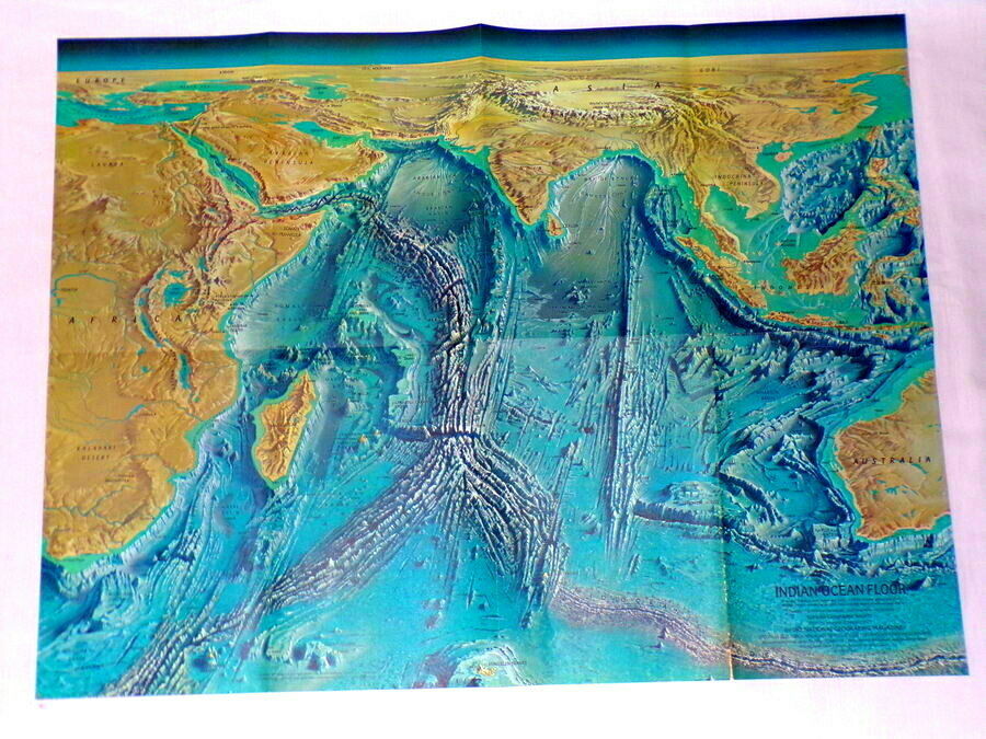 ORIGINAL Vintage 1967 Indian Ocean Floor 19x25 National Geographic Map ...