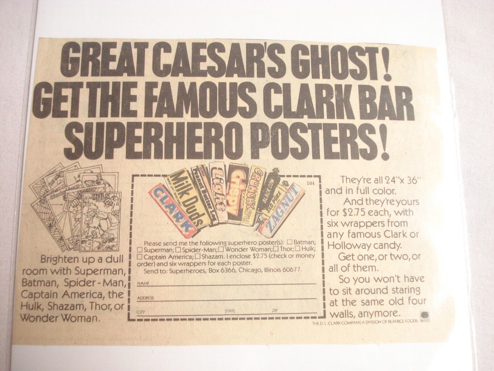 1978 Clark Bar Ad Superhero Posters Milk Duds, Clark Bar, Zagnut, Black ...