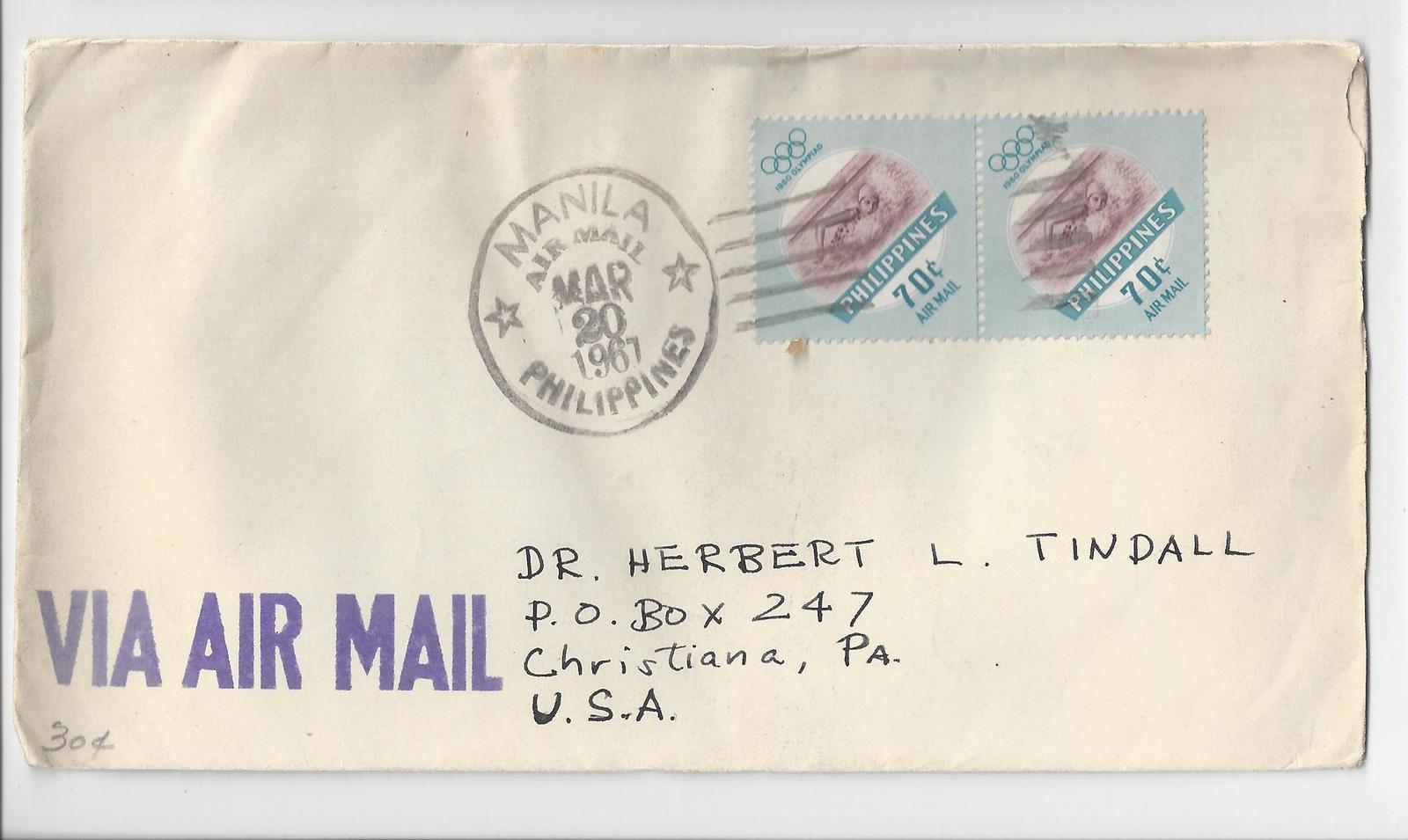 Philippines Manila Cover to US 5 Bar Star Air Mail CDS 1967 C86 Olympic ...