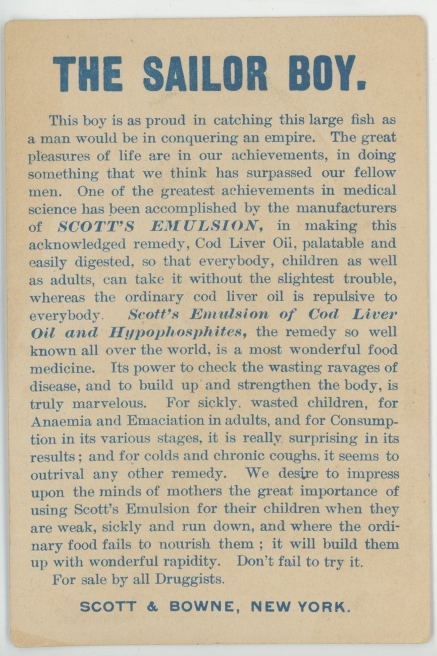 Sailor Boy Scott Brown Victorian trade card Scotts Emulsion patent ...