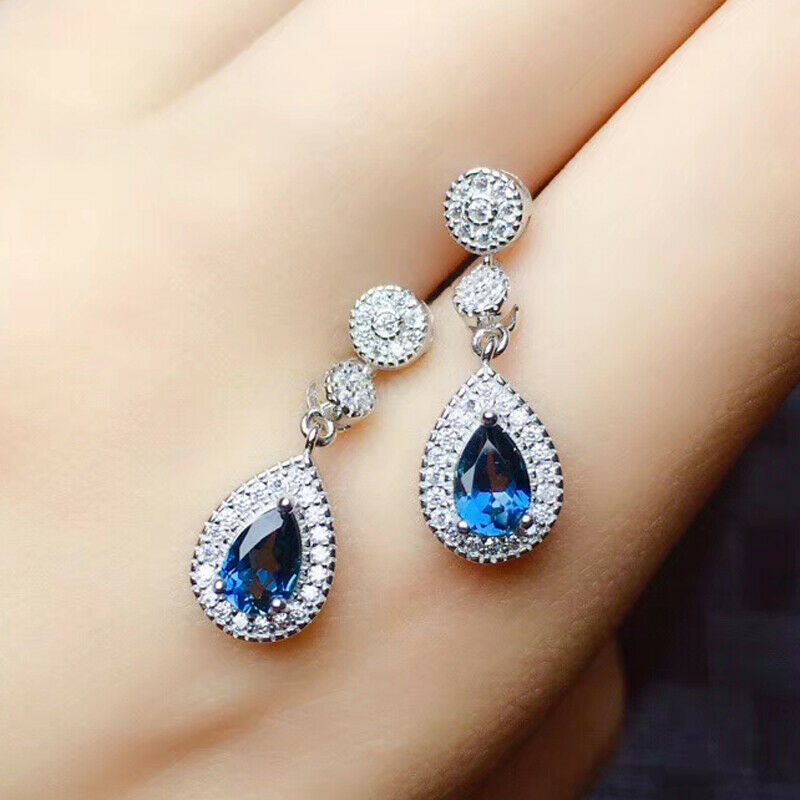 4Ct Pear Cut Blue Sapphire & Diamond Drop/Dangle Earrings 14K White ... 4Ct Pear Cut Blue Sapphire & Diamond Drop/Dangle Earrings 14K White ...