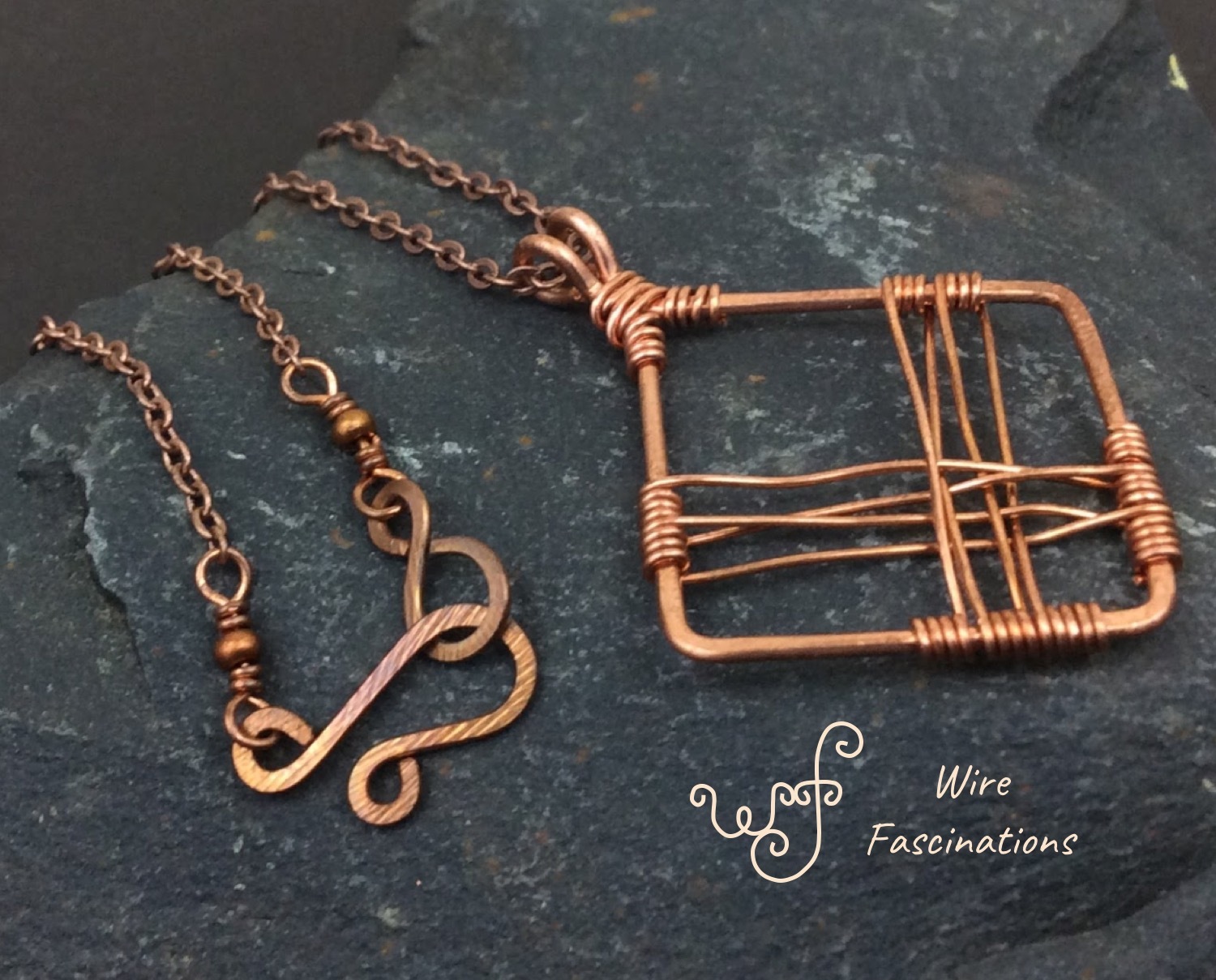 Handmade copper pendant necklace: square diamond frame cross wire ...