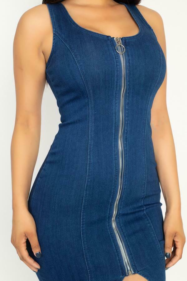 Sleeveless V Neck Double Zipper Dress Dresses