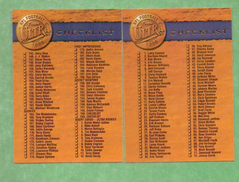 1996 Fleer Ultra Football Checklists - Sports Trading Cards