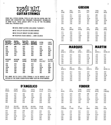 Ernie Ball String Gauge Guide 1977 - Collectibles