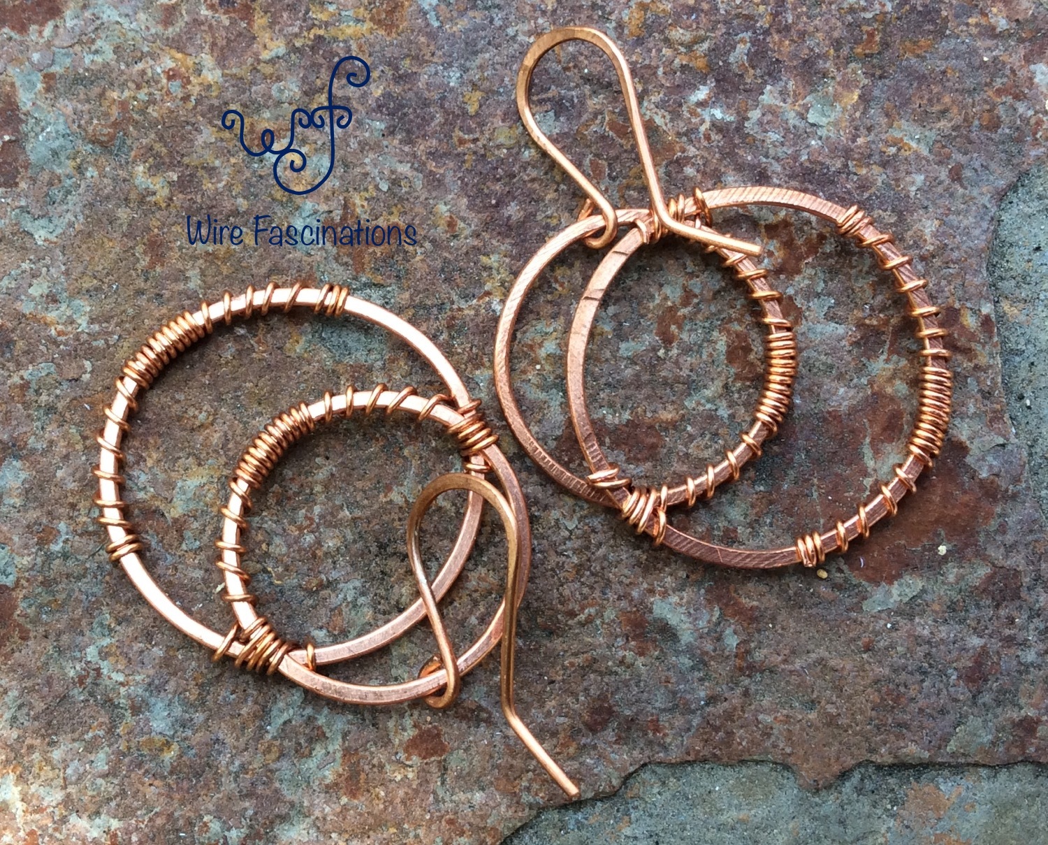 Handmade copper earrings: wire wrapped overlapping hoops - Earrings