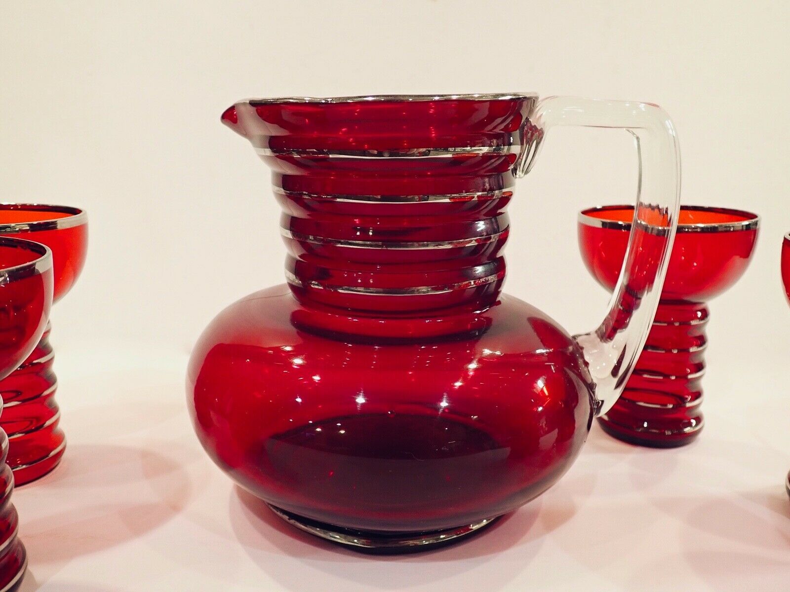 Vintage Ruby Red Vintage Pitcher 5 Glasses Set Silver Striped Beverage Juice Royal Ruby