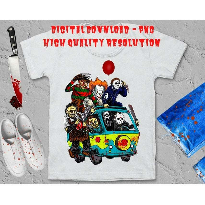 Horror Friends Van With Clown Retro Scary Movie Villains PNG Digital ...