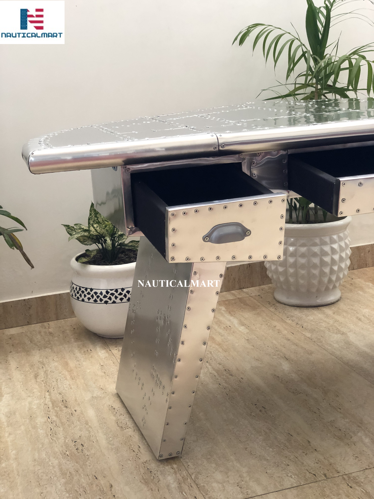 NauticalMart Aviator Executive Fighter Jet Wing Desk - Polished Aluminum (60 Inc - Desk & Shelf ...