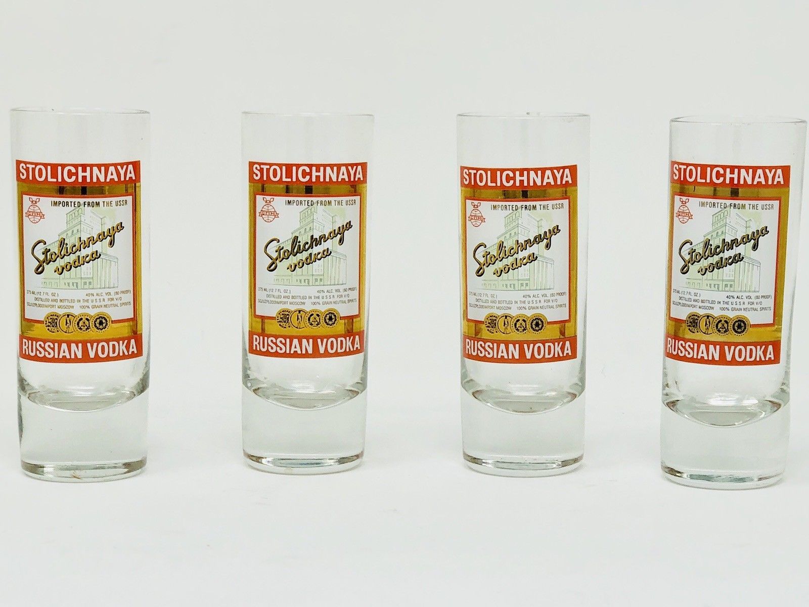 Stolichnaya Russian Vodka Shot Glasses Set Of 4 Stoli Label Clear Glass Shot Glasses