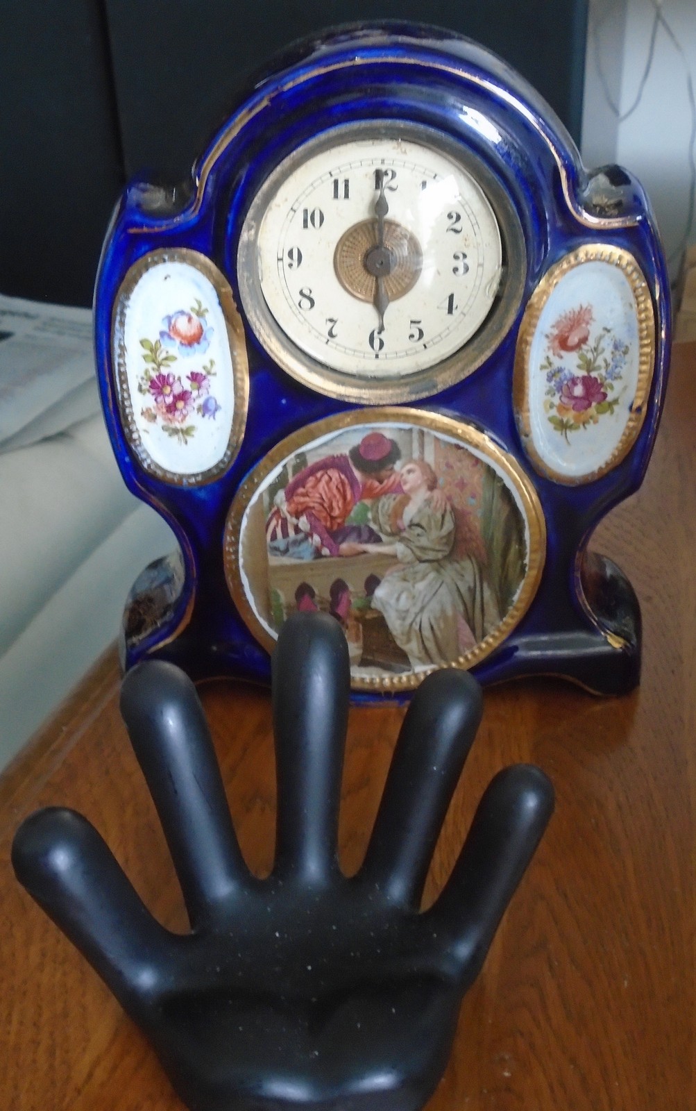 Antique COBALT BLUE Porcelain MANTLE Clock WIND-UP vienna influence ...