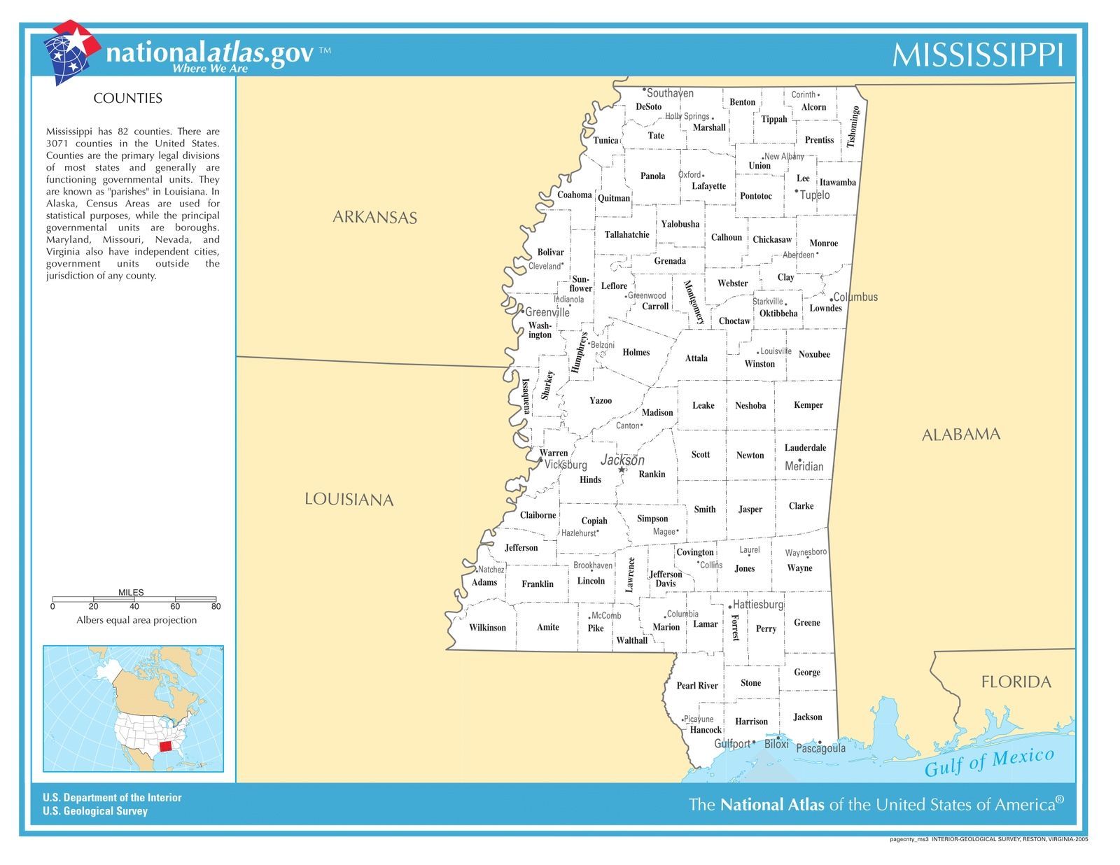 Mississippi State Counties w/Cities Laminated Wall Map - US