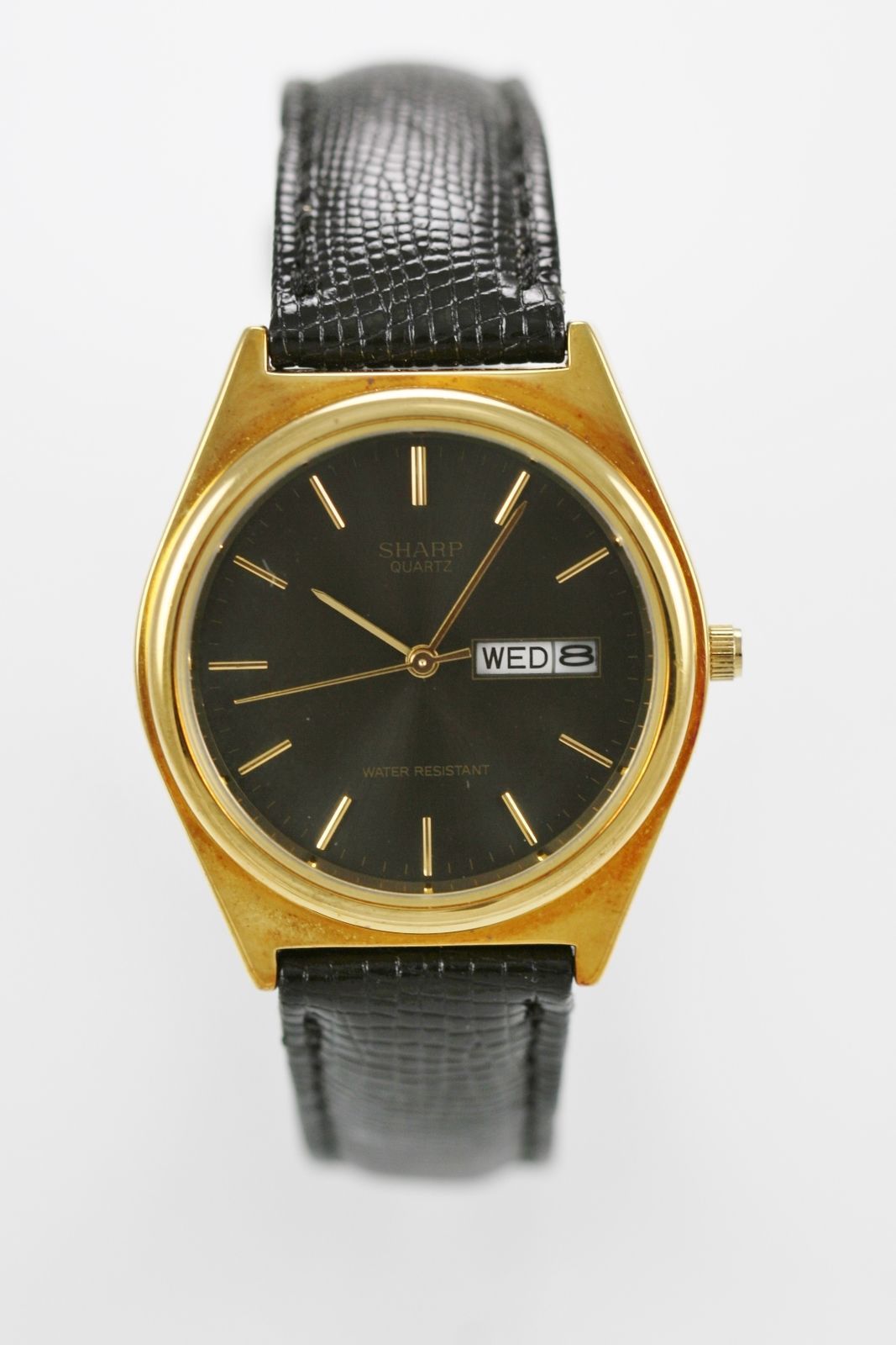 Sharp Watch Mens Gray Day Date Leather Black Water Resist Stainless ...