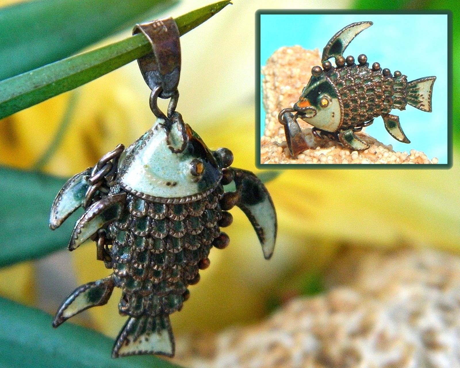 Vintage Fish Koi Articulated Chinese Charm Pendant Enamel Green Silver ...
