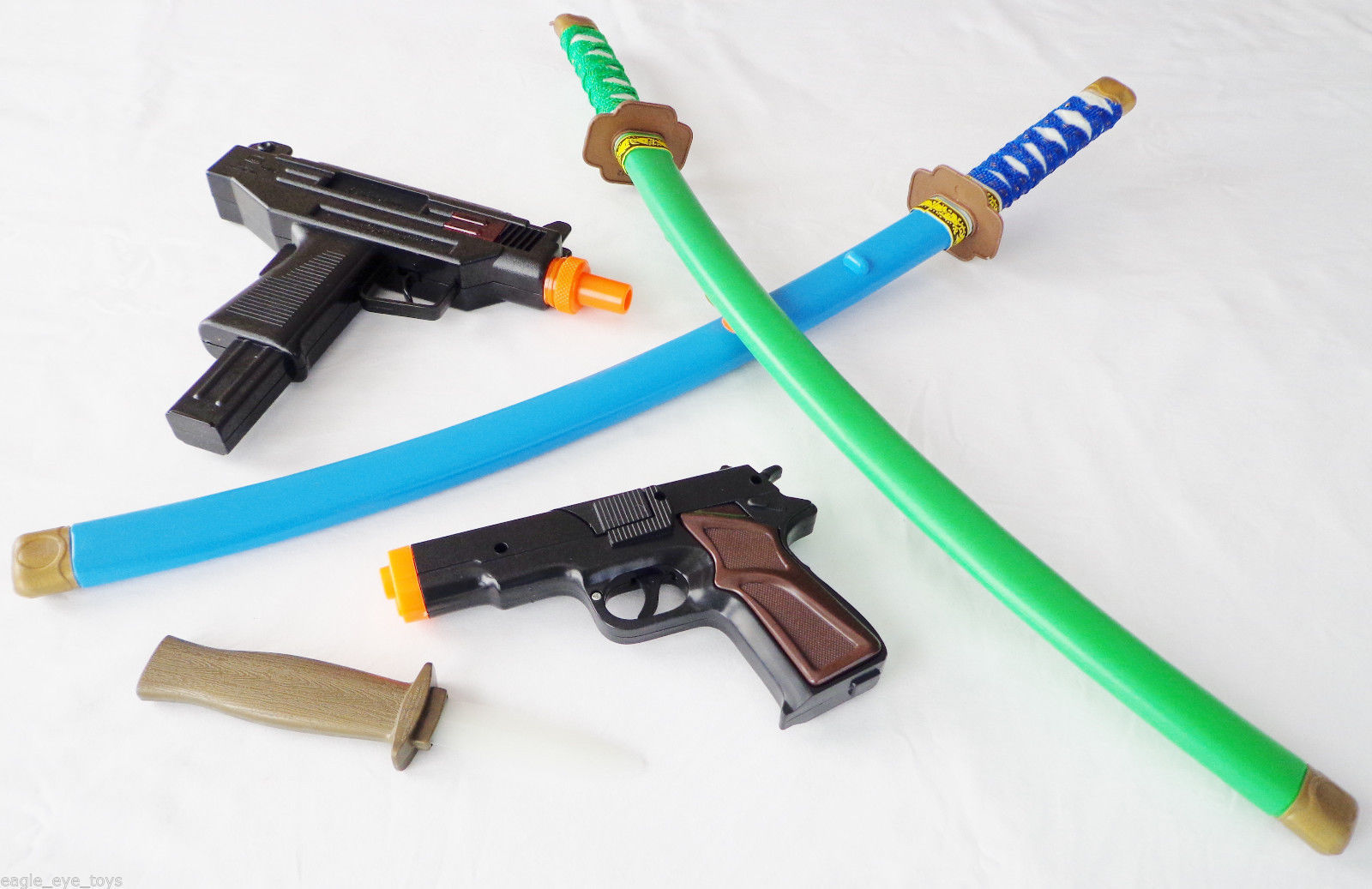 Toy UZI Machine Gun & Black 9MM Cap Guns 2X Katana Ninja Swords Samurai ...