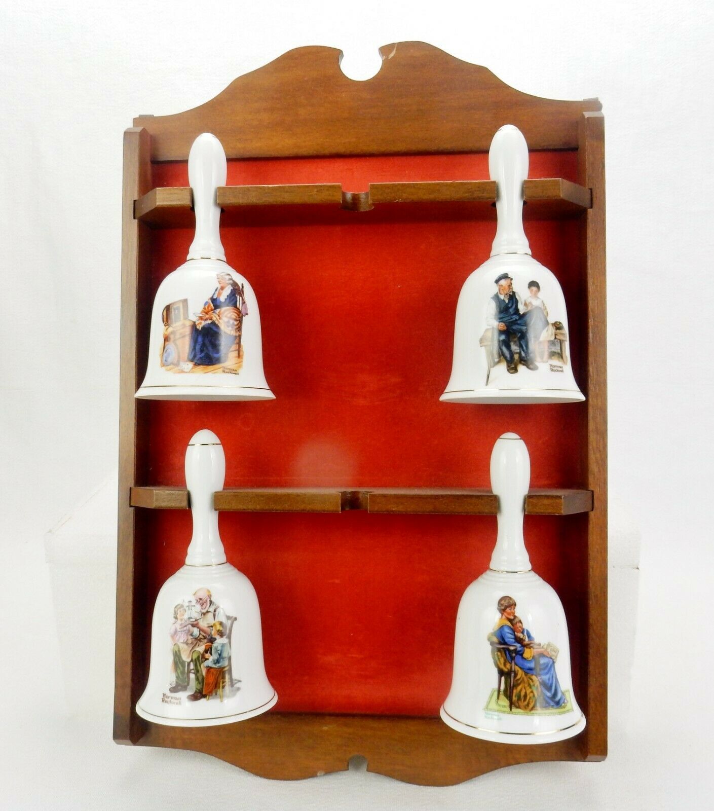 4 Norman Rockwell Porcelain Collector Bells w/Wooden Wall Rack ...