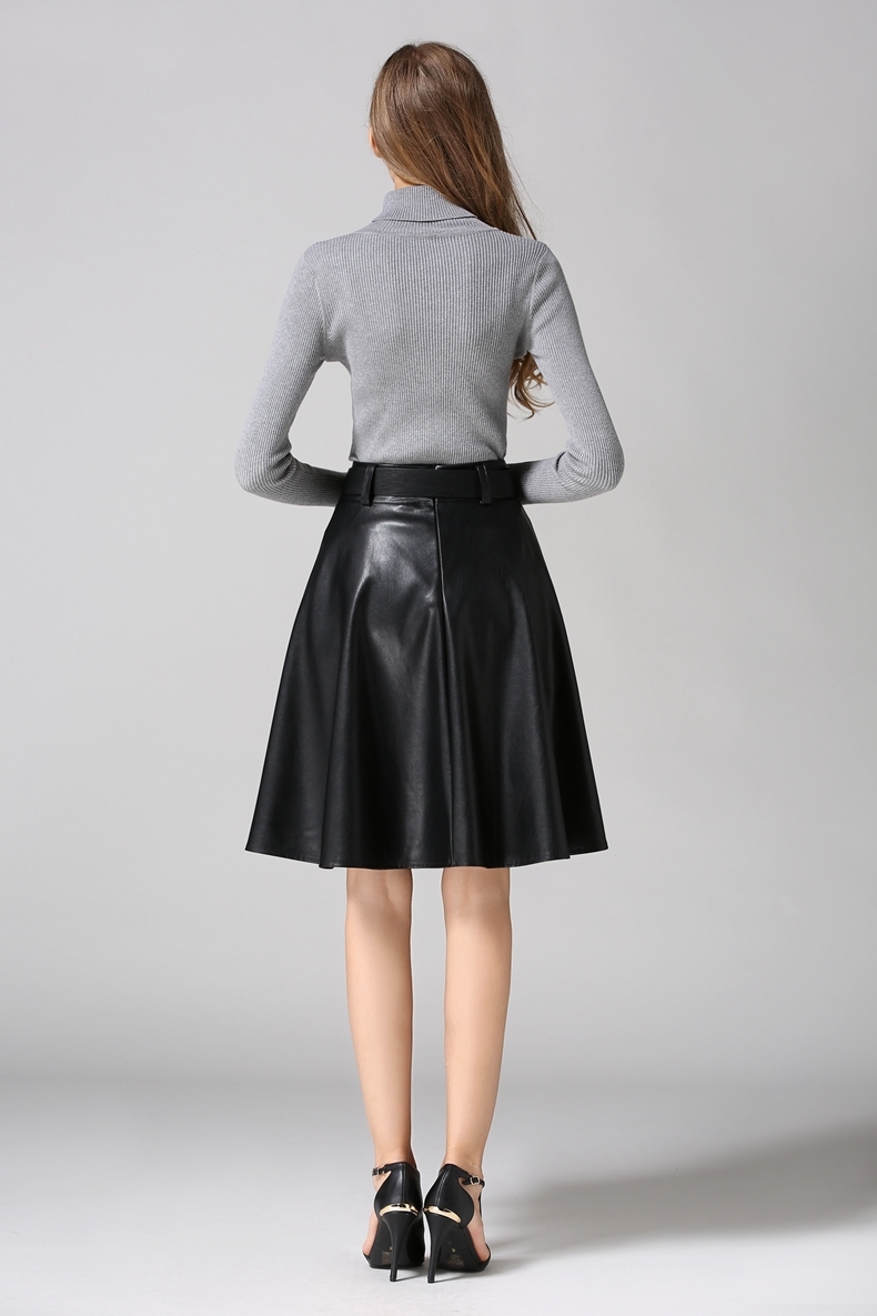 Black A Line Faux Leather Knee Length Flared Skater Women Skirt Spring