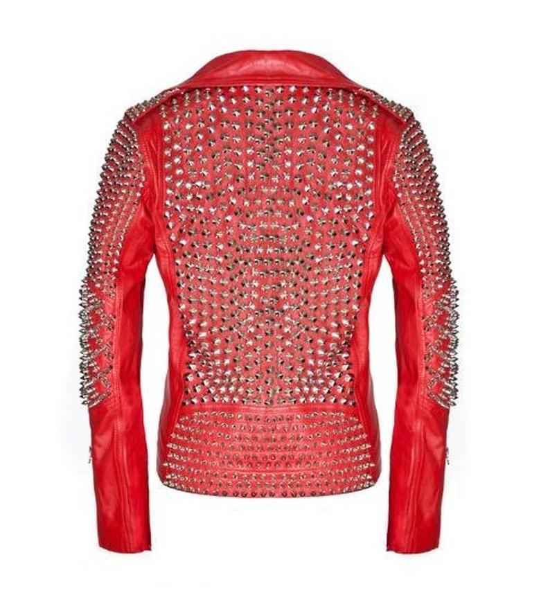 Men Silver Studded Jacket Red Punk Silver Long Spiked Red Leather Biker ...
