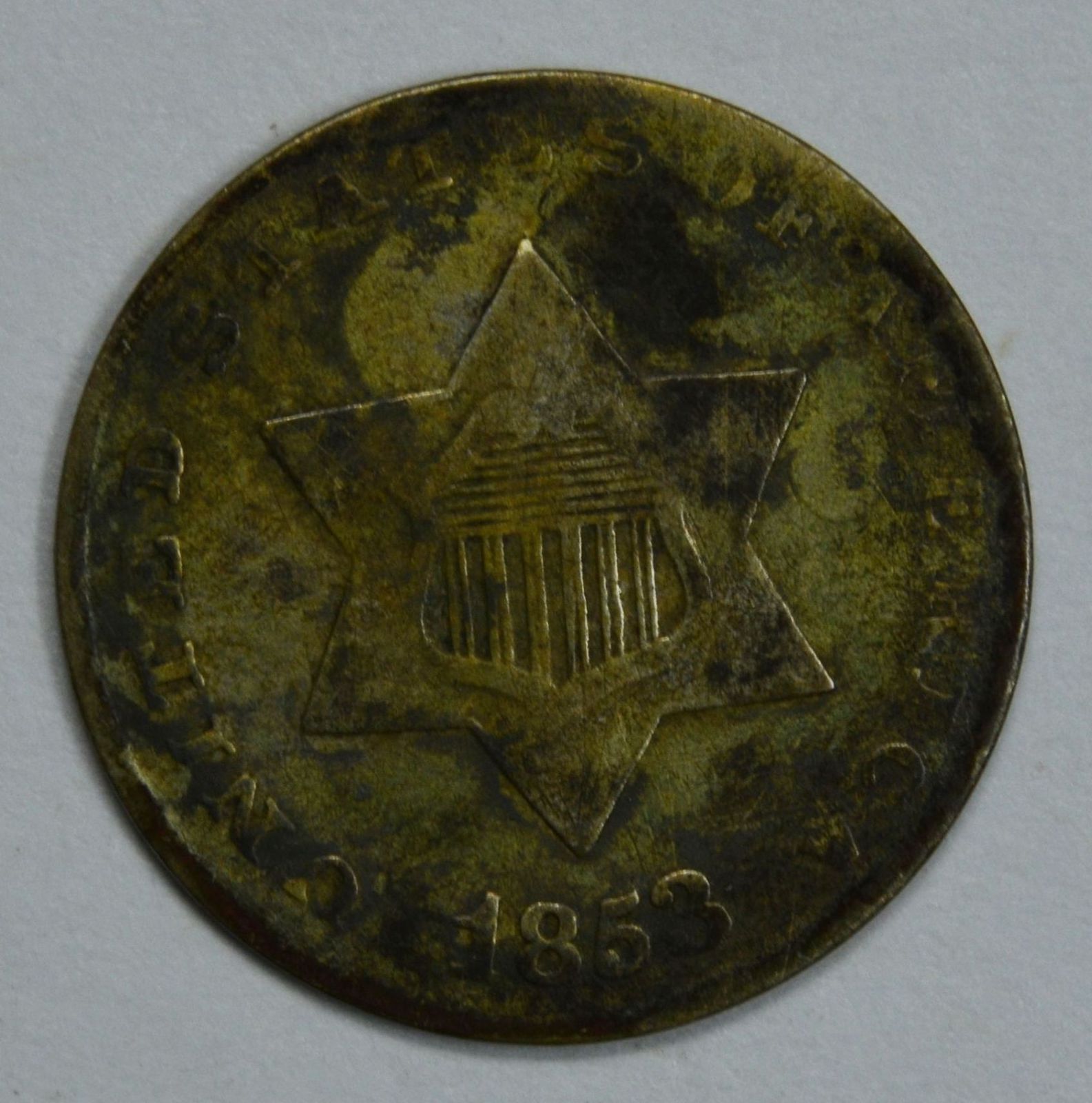 1853 3 cent circulated silver coin F details - Coins: US