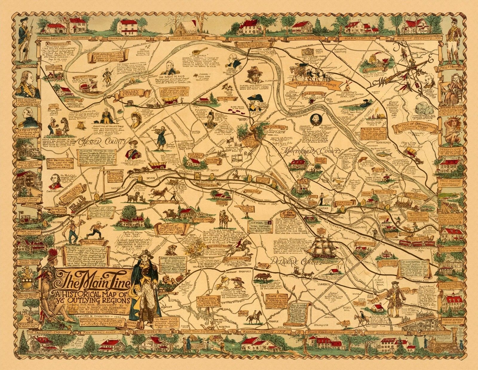 Philadelphia PA Main Line rail line Lenape tribe 1946 PICTORIAL map ...