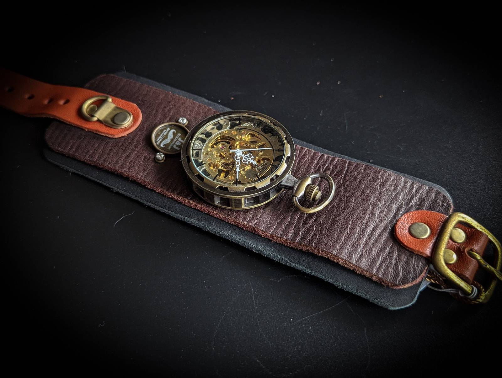 Unique Top Grain Leather - Movement Pocket Watch on a wrist cuff ...