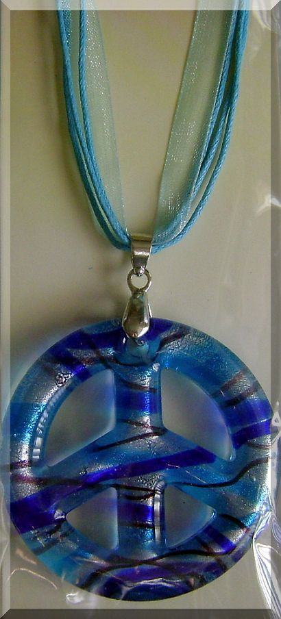 (1) Peace Sign Murano Glass Pendant On 18" Aqua Blue Silk Ribbon *Great ...