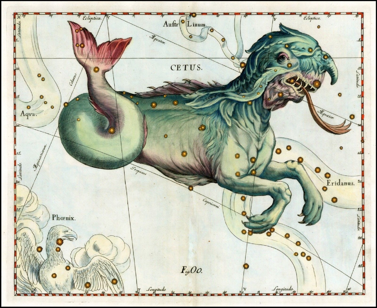 1687 old CELESTIAL MAP constellation Hevelius CETUS WHALE SEA MONSTER ...