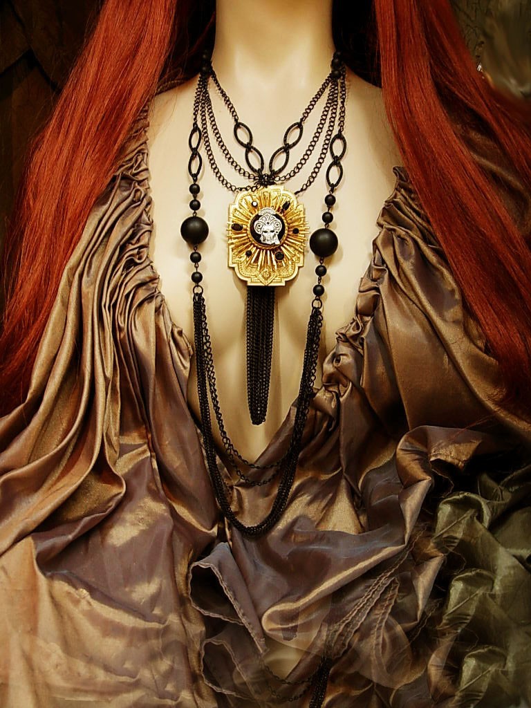 Gothic Masquerade necklace dripping in black chains and mask - Vintage ...