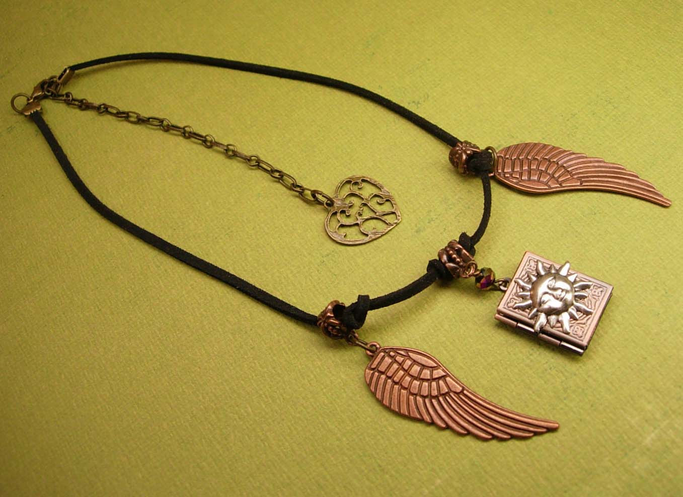 Spiritual sun Locket with angel wings necklace Mixed copper and silver ...