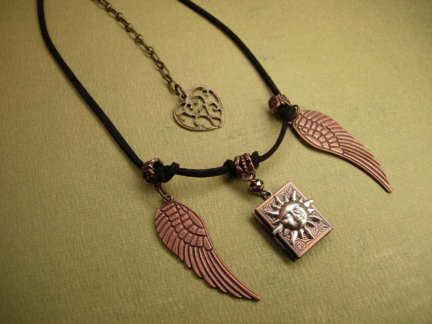 Spiritual sun Locket with angel wings necklace Mixed copper and silver ...