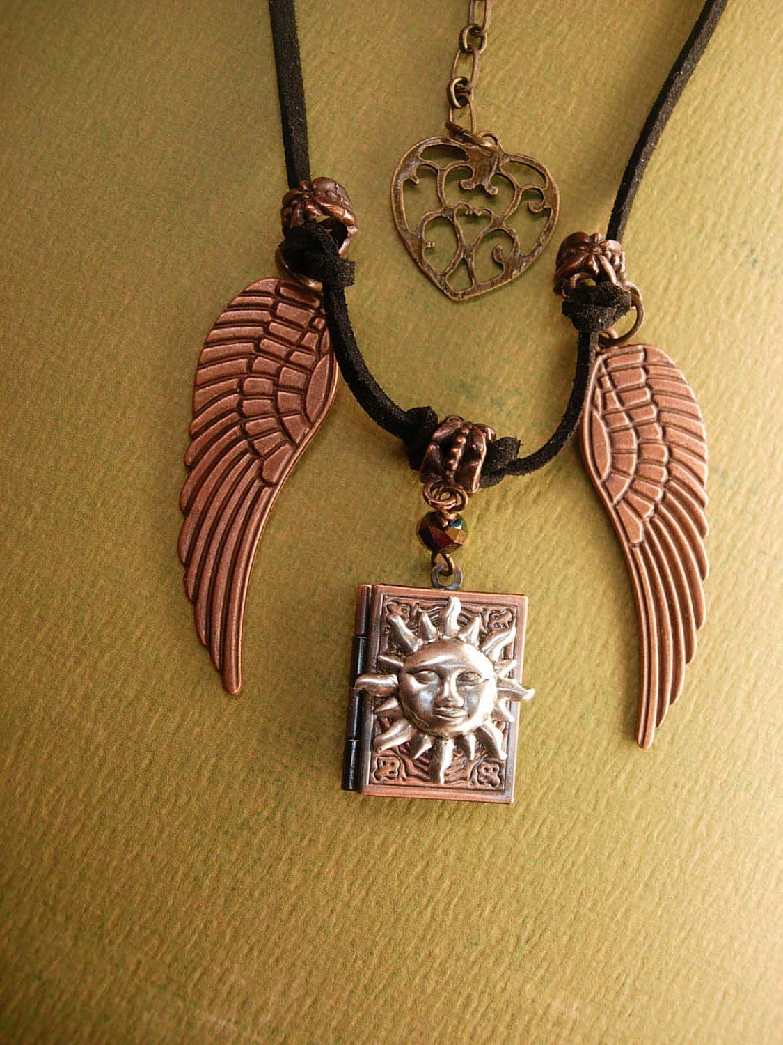 Spiritual sun Locket with angel wings necklace Mixed copper and silver ...