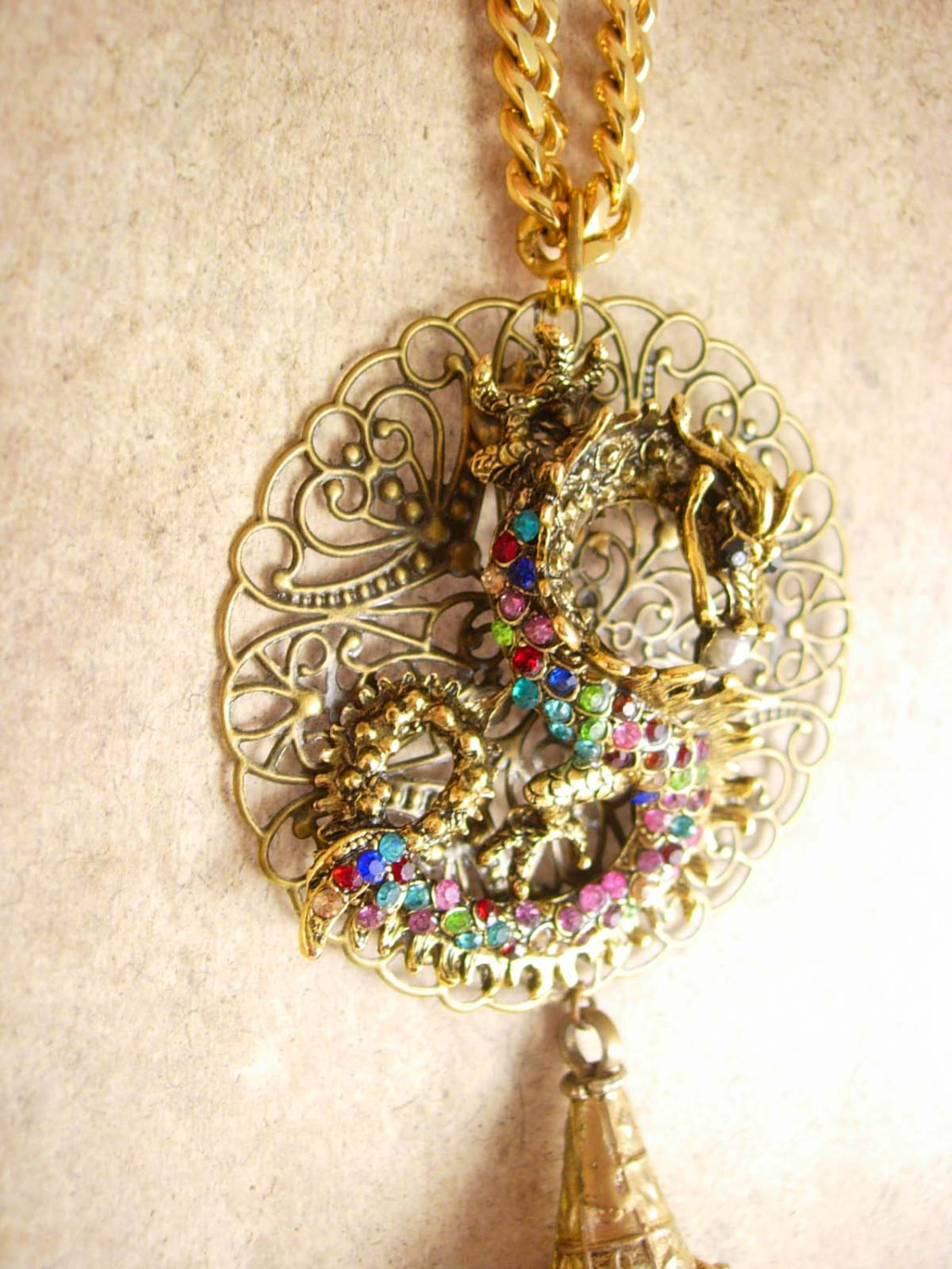 Chinese Rhinestone Dragon necklace with Tassel Statement necklace ...