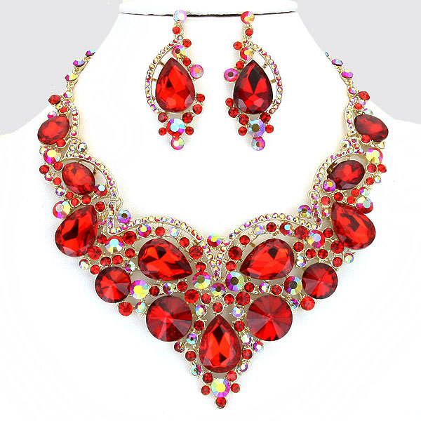 Red Gold Crystal Rhinestone Teardrop Necklace Bib Collar Pendant ...