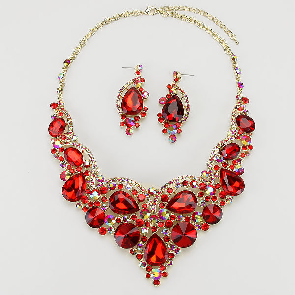 Red Gold Crystal Rhinestone Teardrop Necklace Bib Collar Pendant ...