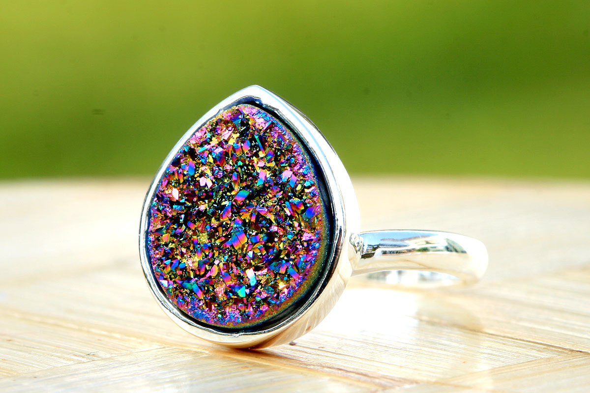 Peacock Druzy Ring,Drusy Ring,Drusy Quartz,Agate Ring,Gemstone Ring ...
