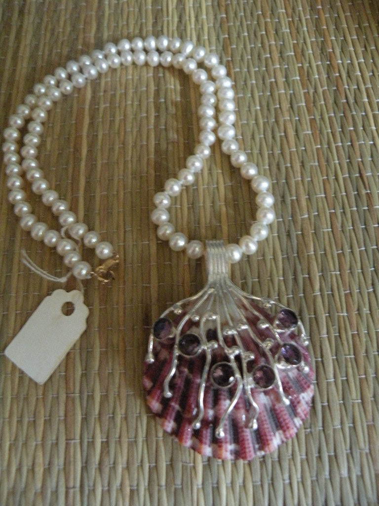 Handmade Seashell Necklace Jewelry..Amethyst & Genuine Pearls & 10k ...