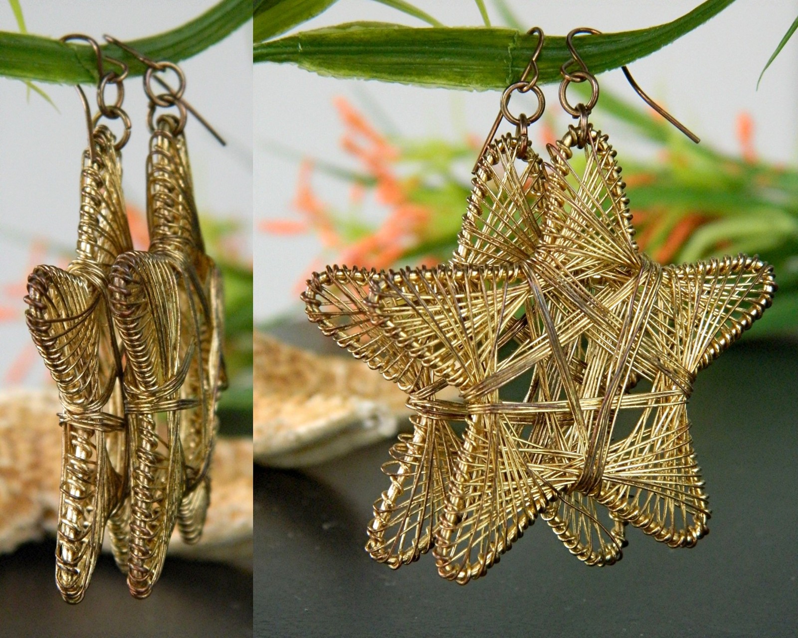 Vintage Star Earrings Wire Wrapped Large Dangle Pierced Gold Tone ...