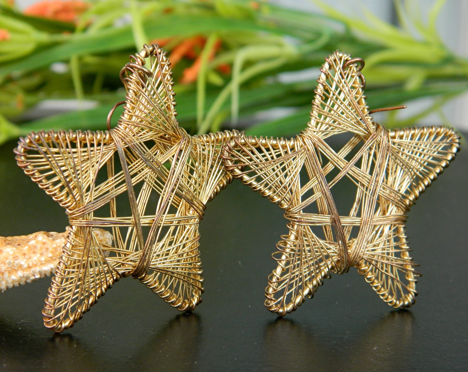 Vintage Star Earrings Wire Wrapped Large Dangle Pierced Gold Tone ...