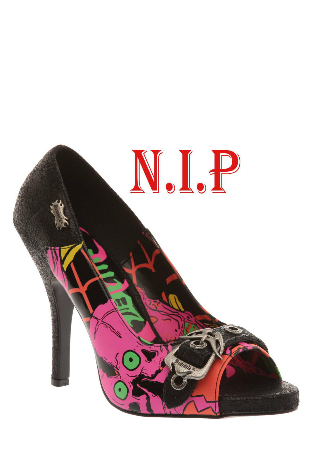 Demonia Neon Pink Zombie Buckle Accent Peep Toe Heels Shoes Punk Goth ...