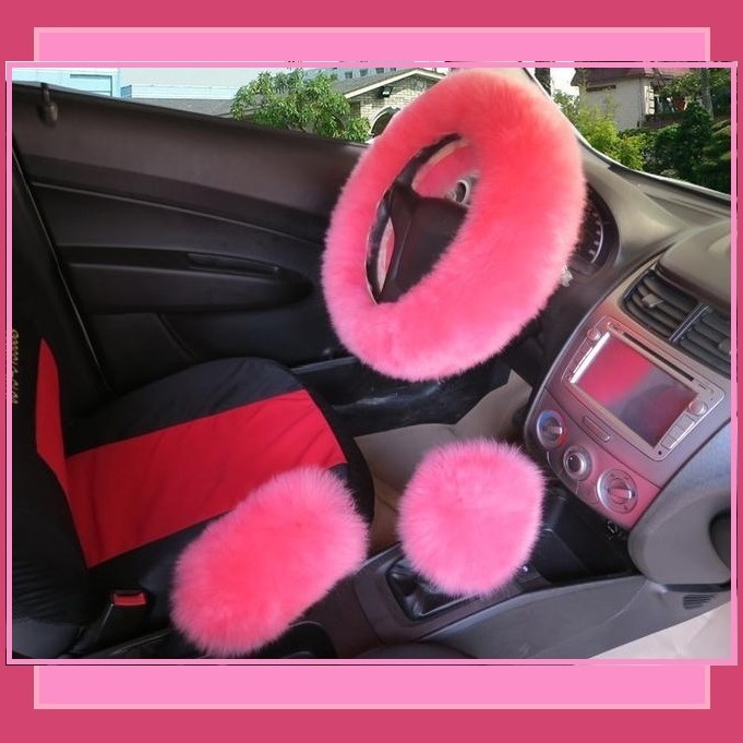 Posh Pink Genuine Wool Lambskin Fur Steering Wheel Hand Brake Shifter ...