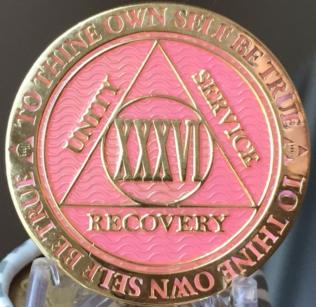 36 Year AA Medallion Pink Gold Plated Alcoholics Anonymous Sobriety ...