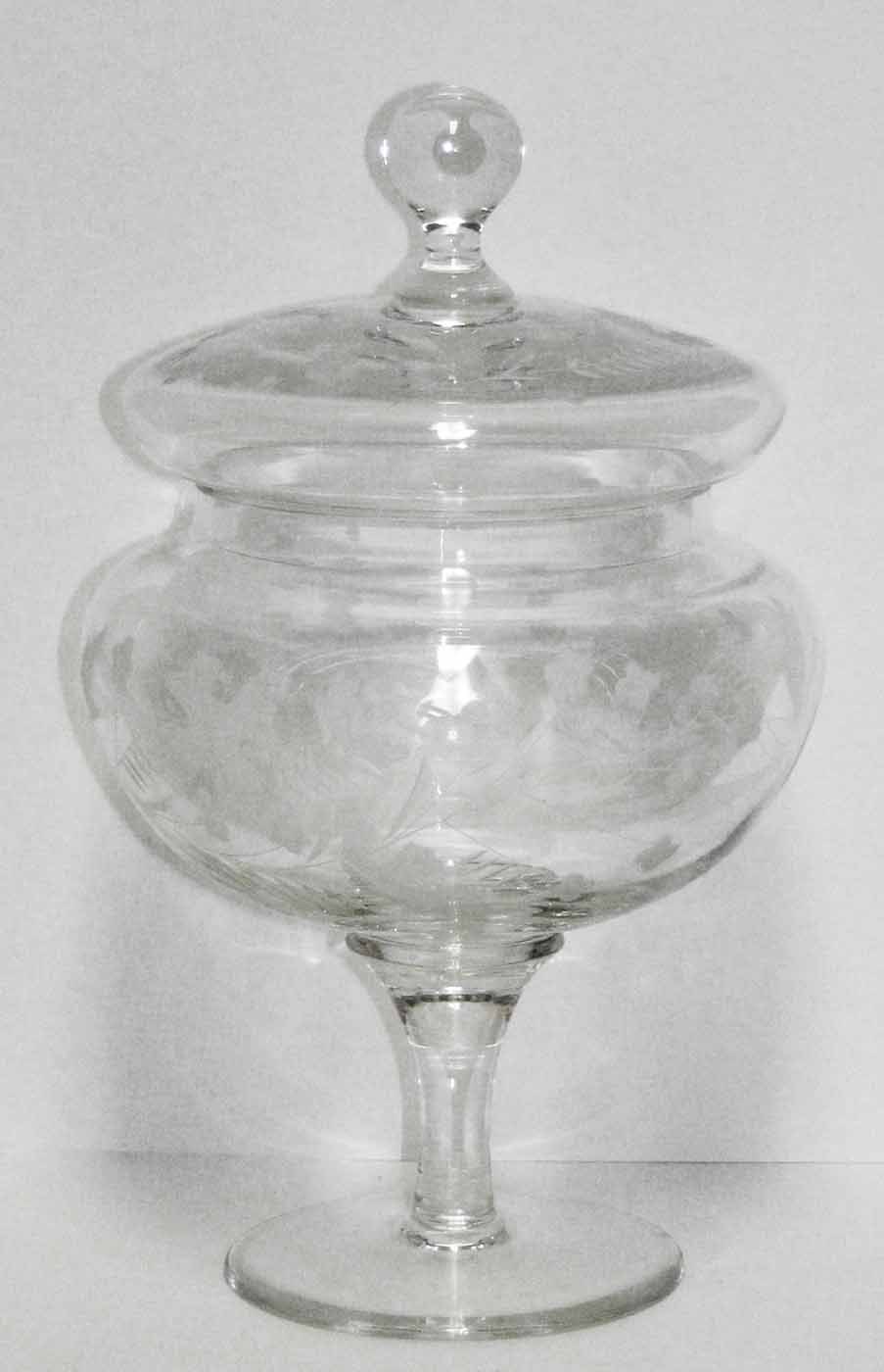 Clear Glass Lidded Stemmed Compote Candy Dish With Etched Floral Design Unknown Maker