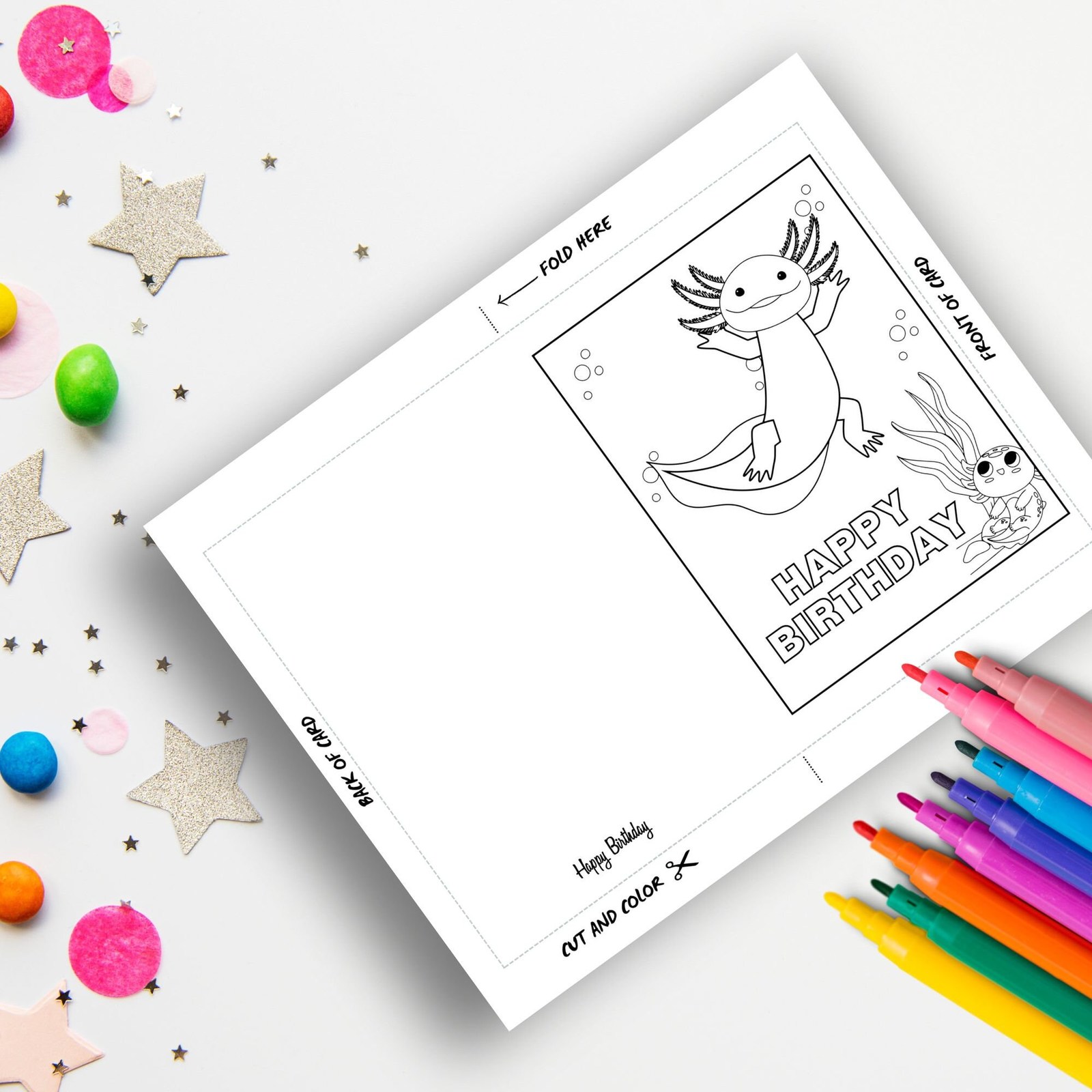 Printable BIRTHDAY CARD, Coloring DIY Axolotl birthday card for kids ...