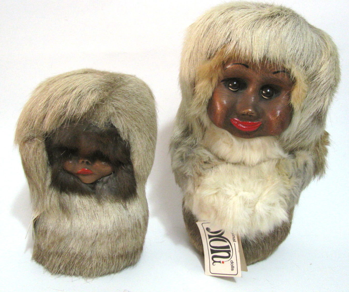 VTG NUNI Eskimo Doll Set Alaska Genuine Deer Fur Skin Hand Made Wood ...