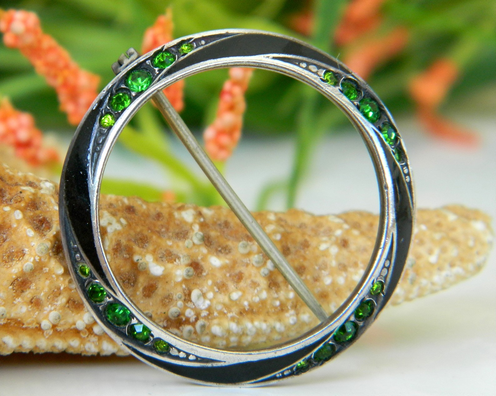 Vintage Sterling Art Deco Black Enamel Rhinestones Circle Brooch Pin ...