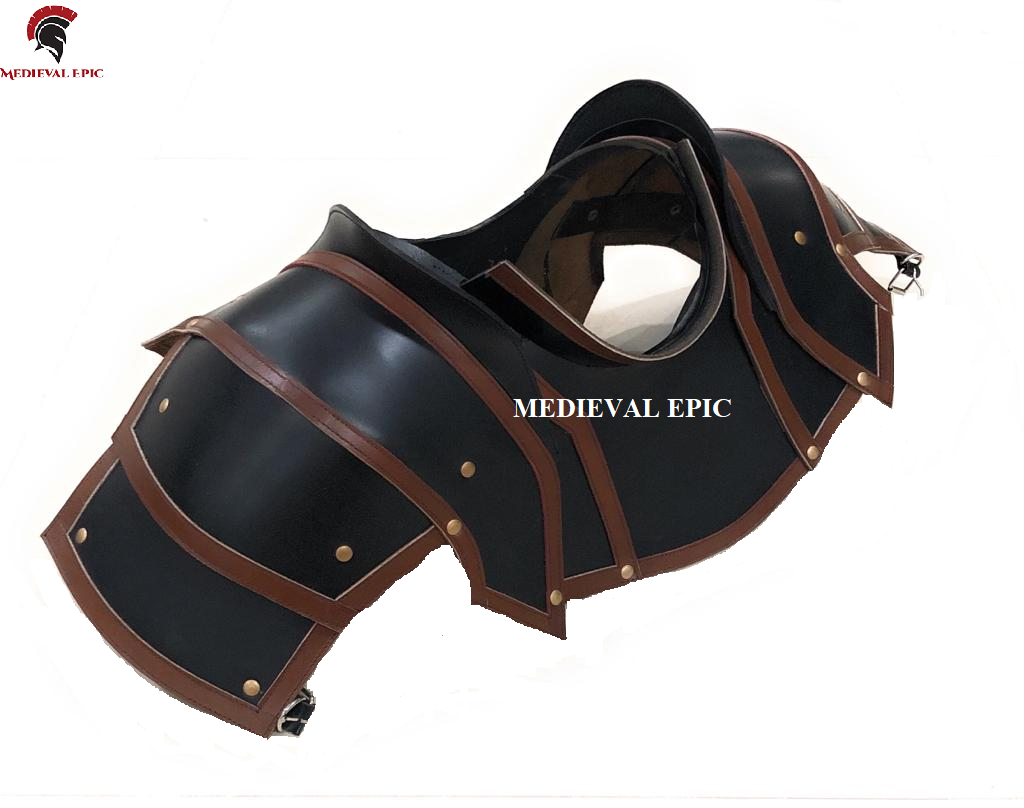 Leather Shoulder Armor Pauldrons with Neck Guard Gorget (Black, Medium ...