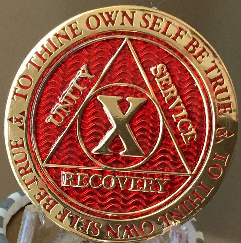10 Year AA Medallion Red Gold Plated Alcoholics Anonymous Sobriety Chip ...